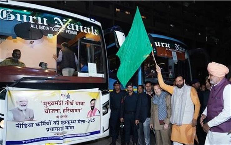 Haryana CM Nayab Saini flags off buses for media persons for Mahakumbh